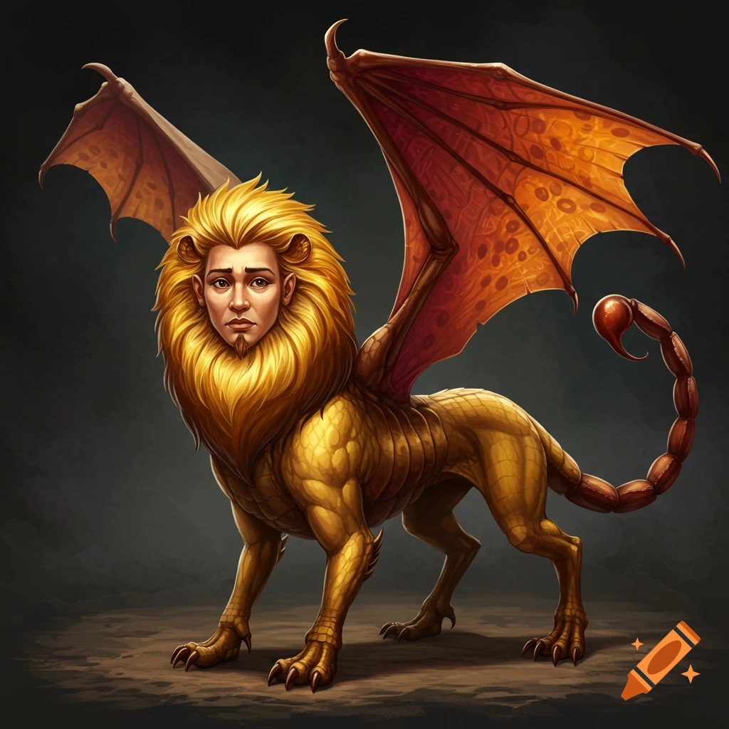Fantasy creature with human head, lion body, wings, and scorpion tail ...