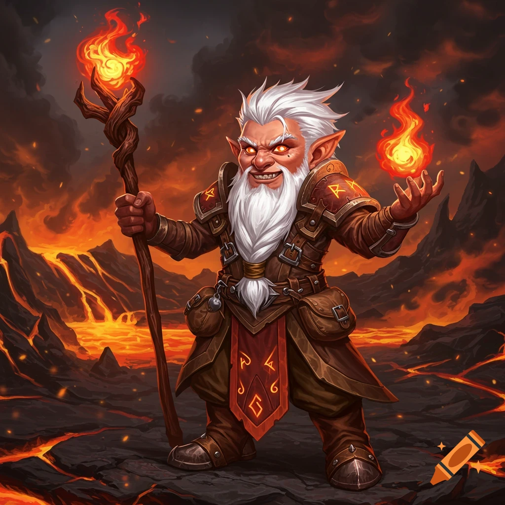 A gnome warlock with white hair holds a fiery staff and a fireball ...