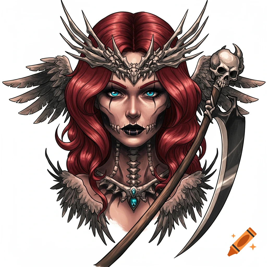 Illustration of a woman as Lady Death with skull face paint, bone crown ...