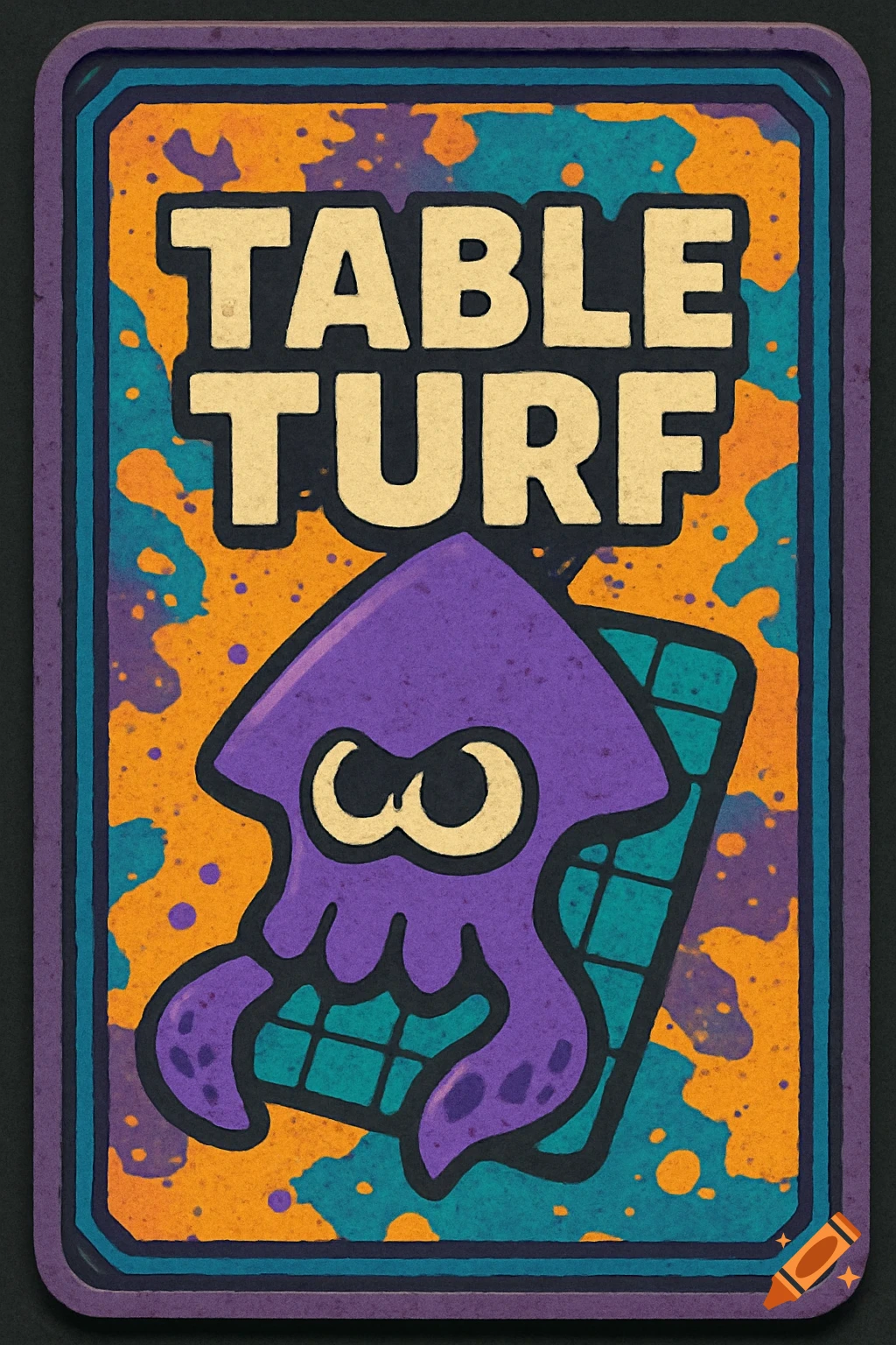 Cartoon card back with purple squid and 'TABLE TURF' text. on Craiyon