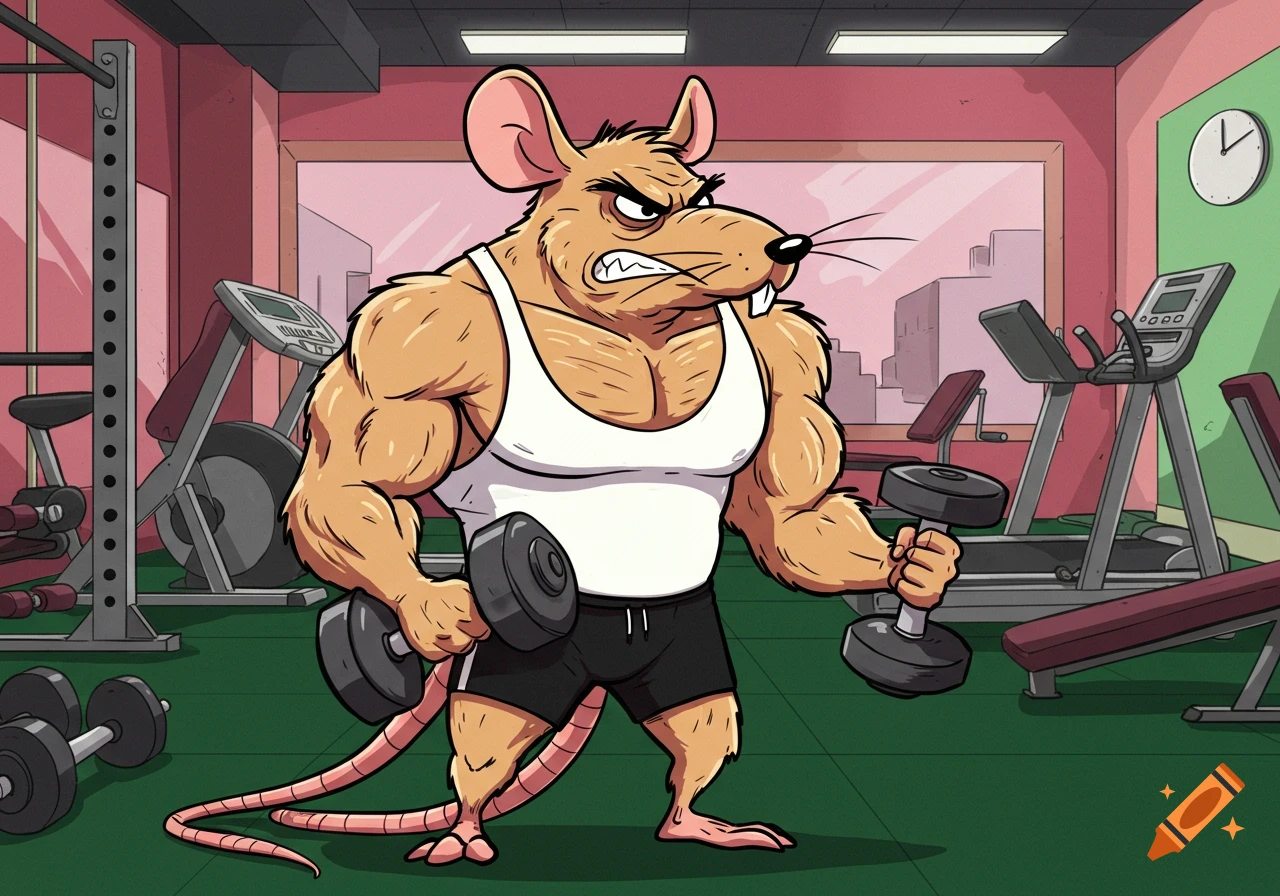 A muscular cartoon rat in a white tank top lifts dumbbells in a gym. on ...