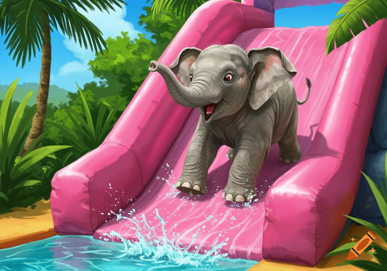 Cartoon baby elephant sliding down a pink water slide in a jungle. on ...