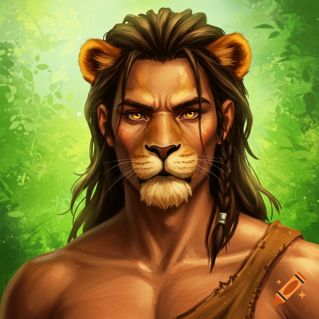 A fantasy portrait of a human man with lion features standing in a ...