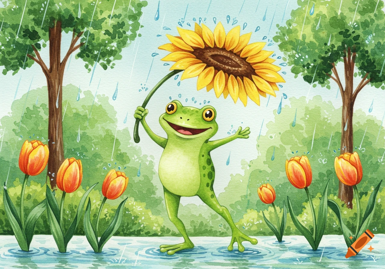 A green frog holds a sunflower over its head like an umbrella in the ...