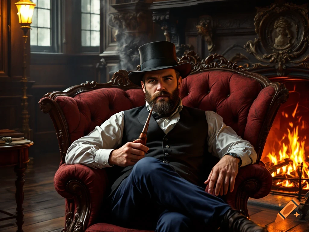 Man in top hat and vest sits in a red armchair by a fireplace in a ...