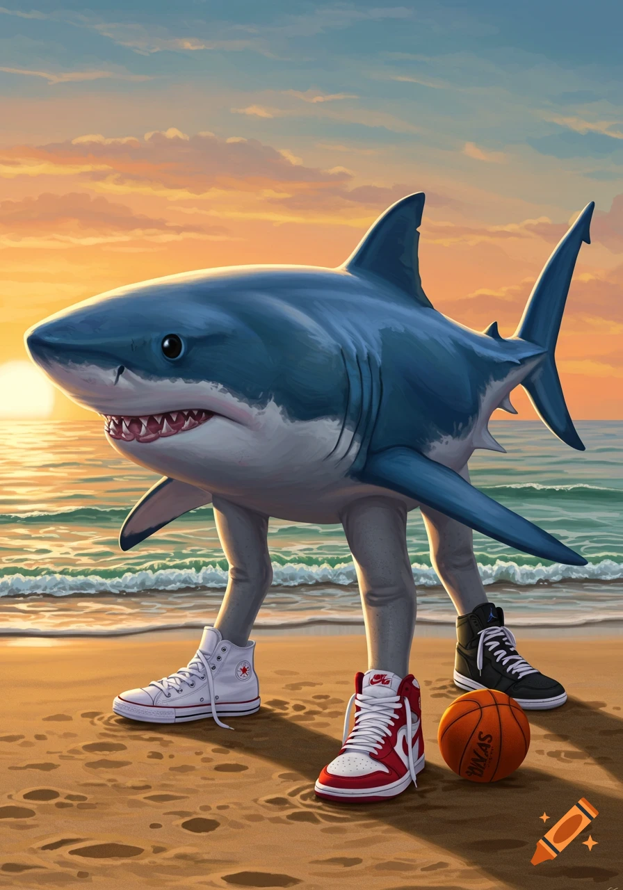 A shark stands on a beach at sunset, wearing sneakers and pants, with a ...