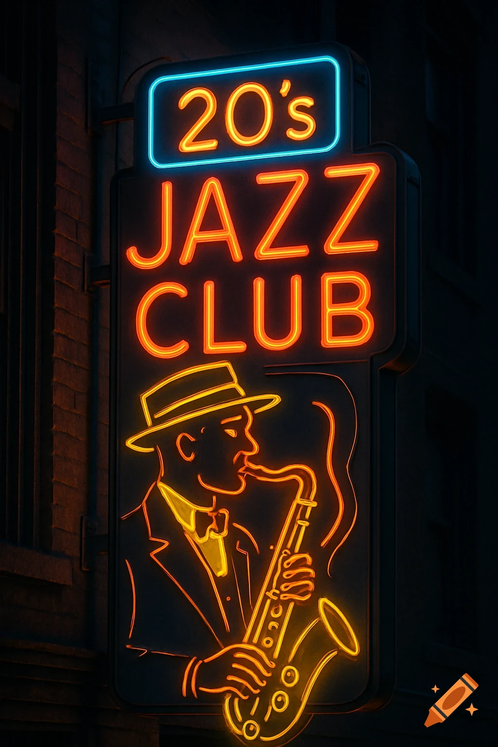 A neon sign for a 20's Jazz Club featuring a stylized figure of a ...