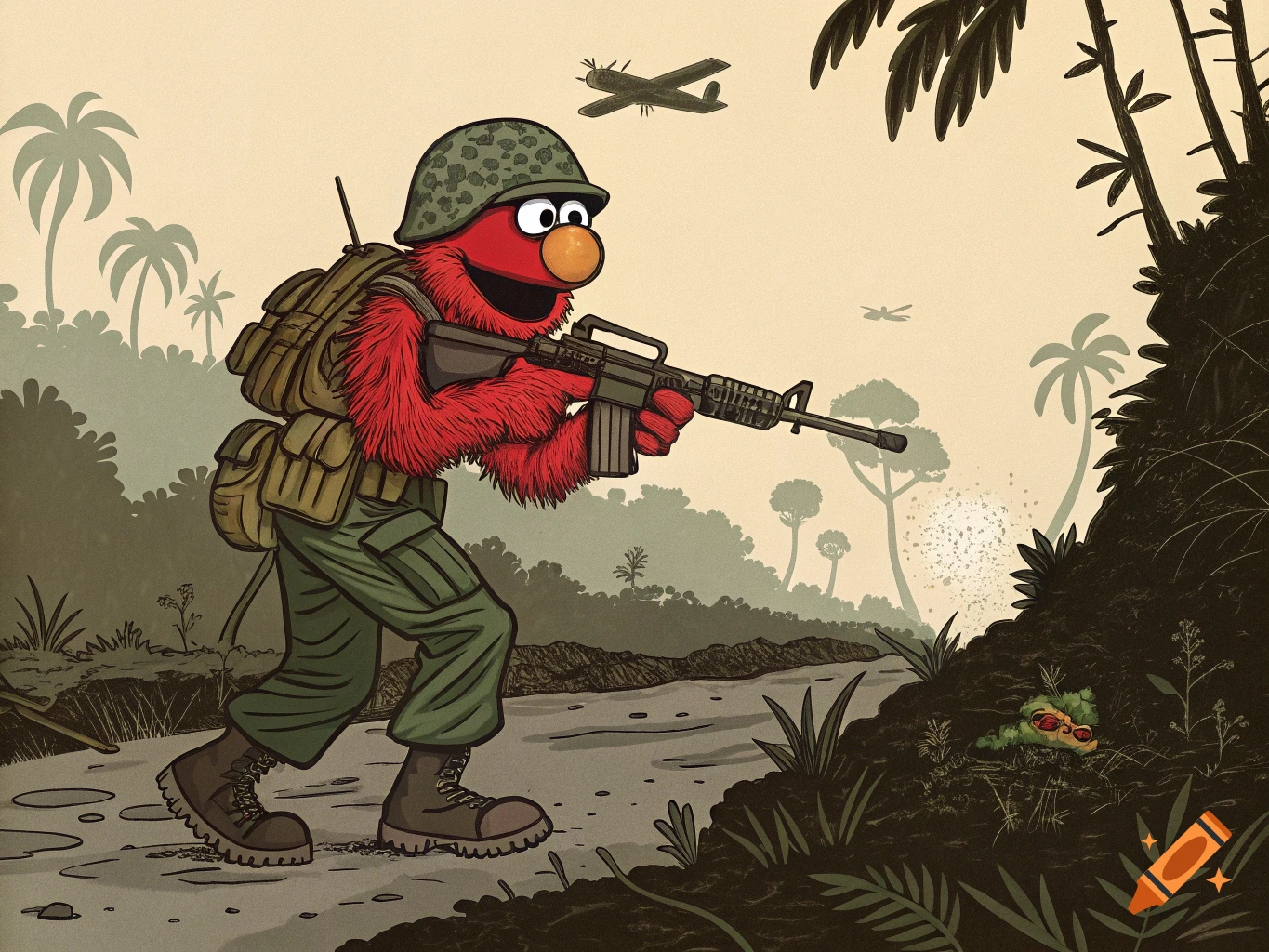Cartoon illustration of Elmo in soldier gear with a rifle in a jungle ...