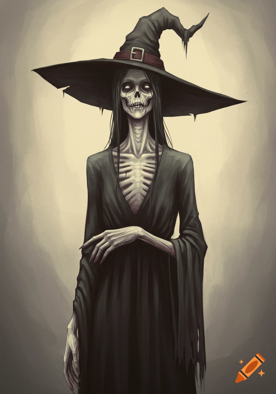 A skeletal witch in a large pointed hat and dark dress. on Craiyon