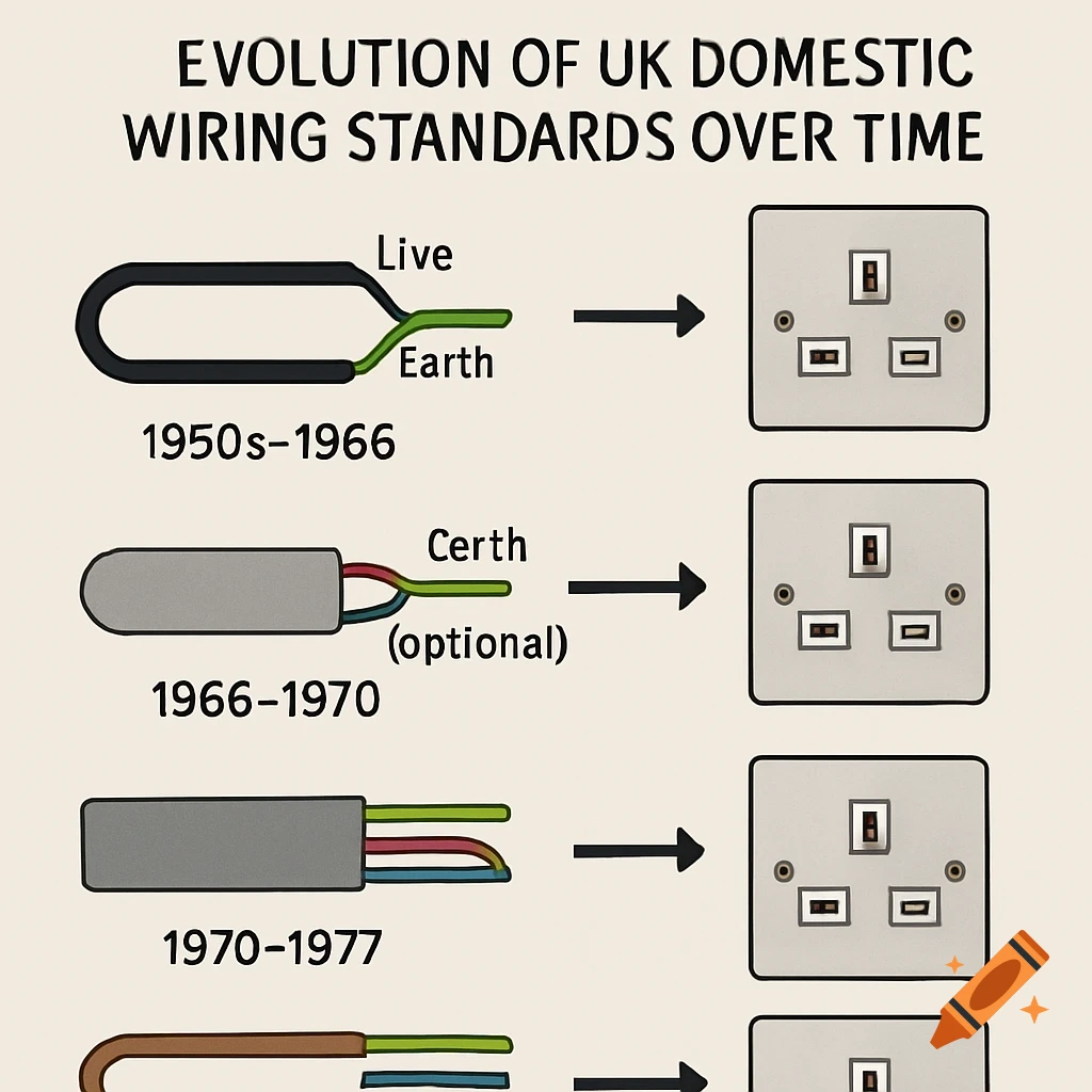 Diagram showing evolution of UK electrical wiring standards over time ...