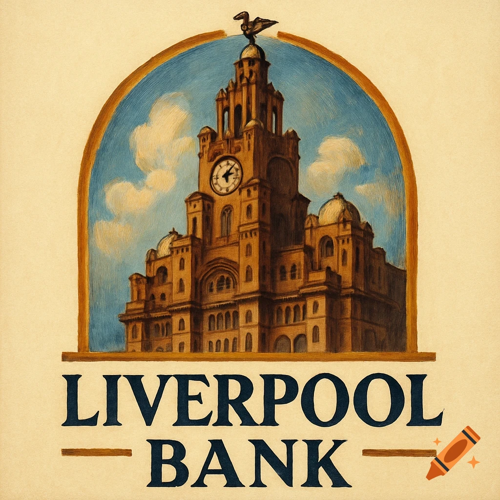 Logo for Liverpool Bank featuring a building resembling the Liver ...