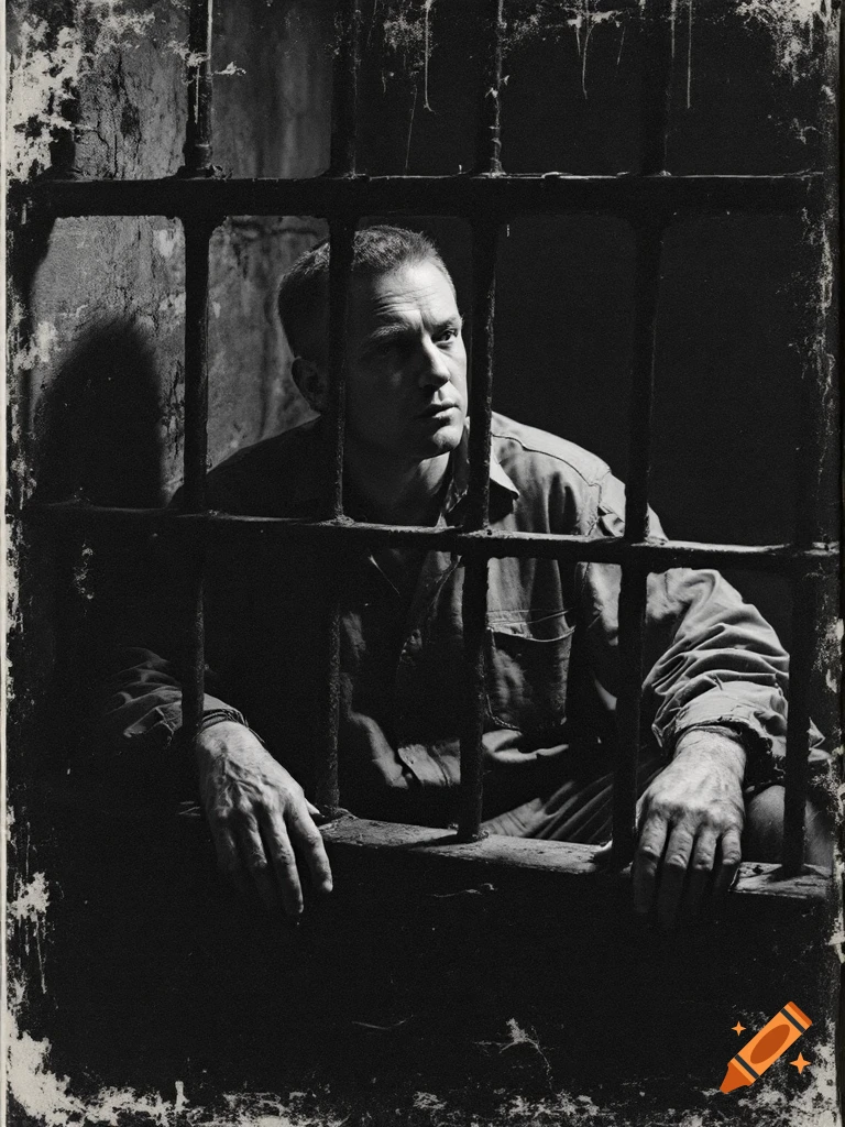 Black and white portrait of a man looking out from behind prison bars. on Craiyon