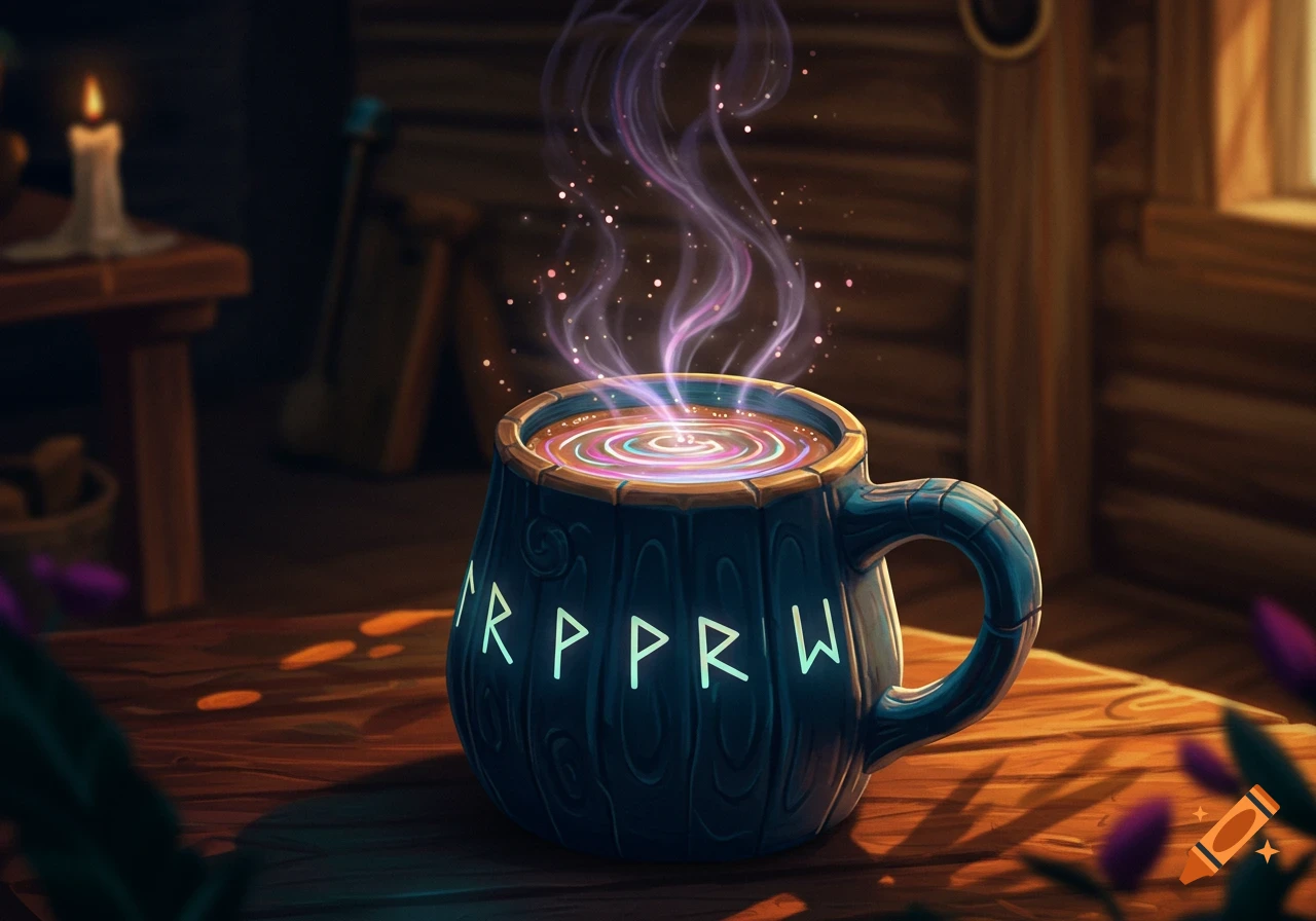 Cosy mug of magical coffee with glowing runes on a table in a wooden ...