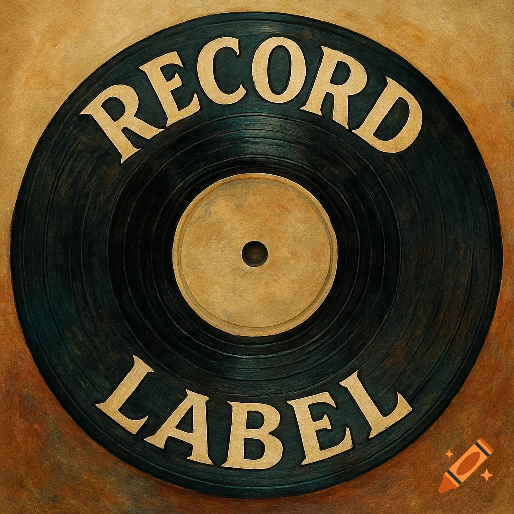 A top-down view of a vinyl record with 'RECORD LABEL' printed on it in ...