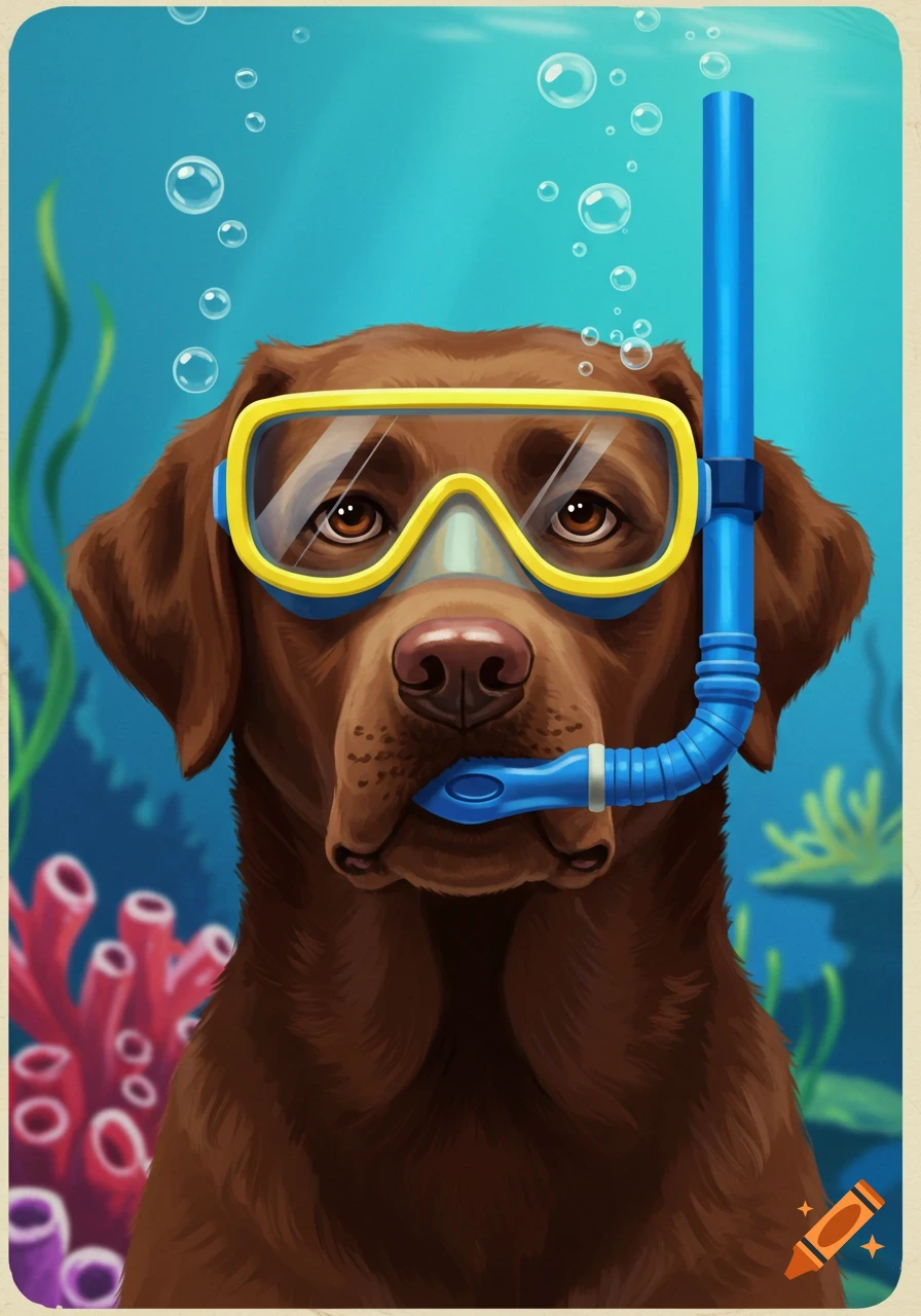 Cartoon Labrador dog wearing snorkeling mask and snorkel underwater on ...