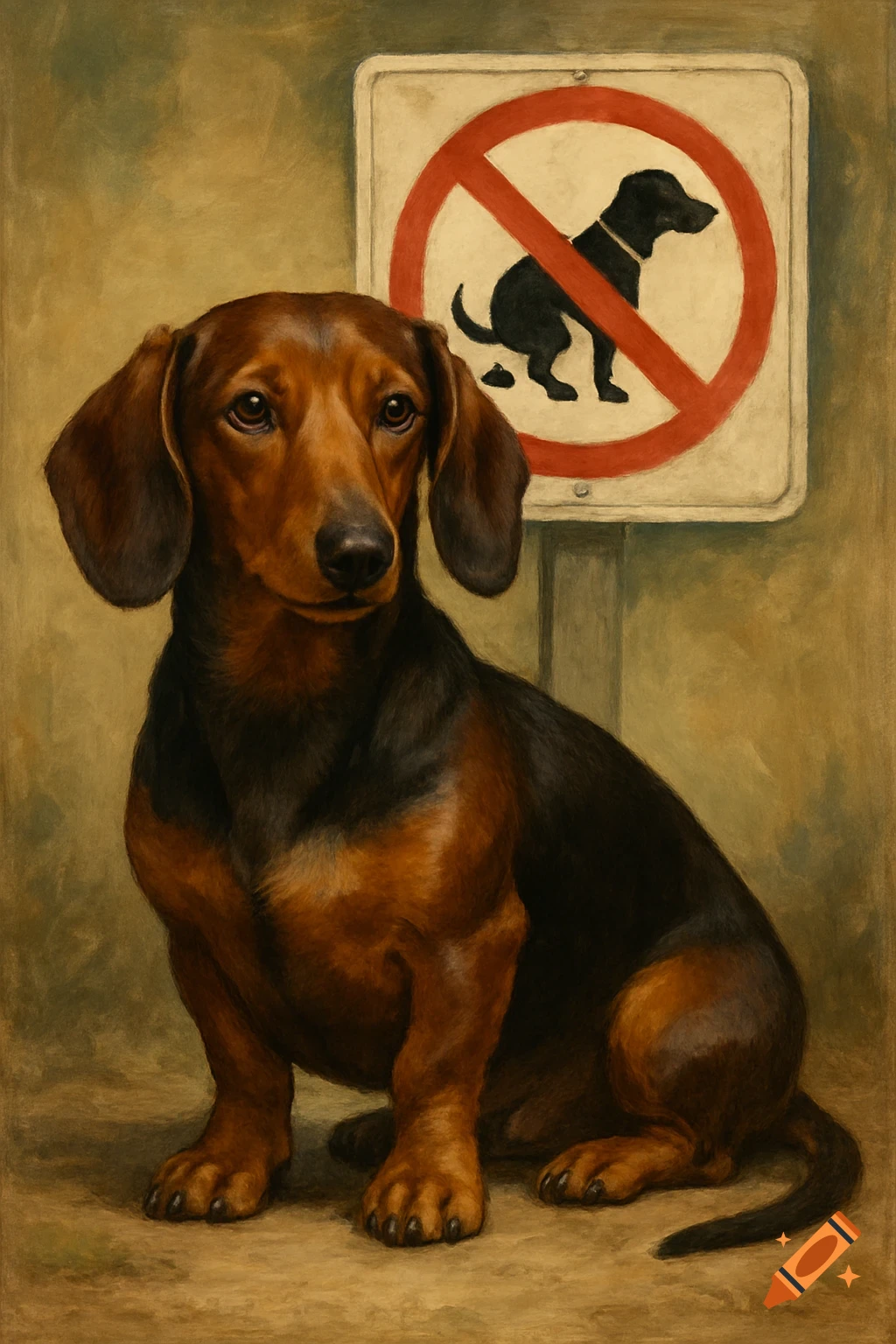 Painting of a dachshund sitting in front of a 'do not poop' sign. on ...