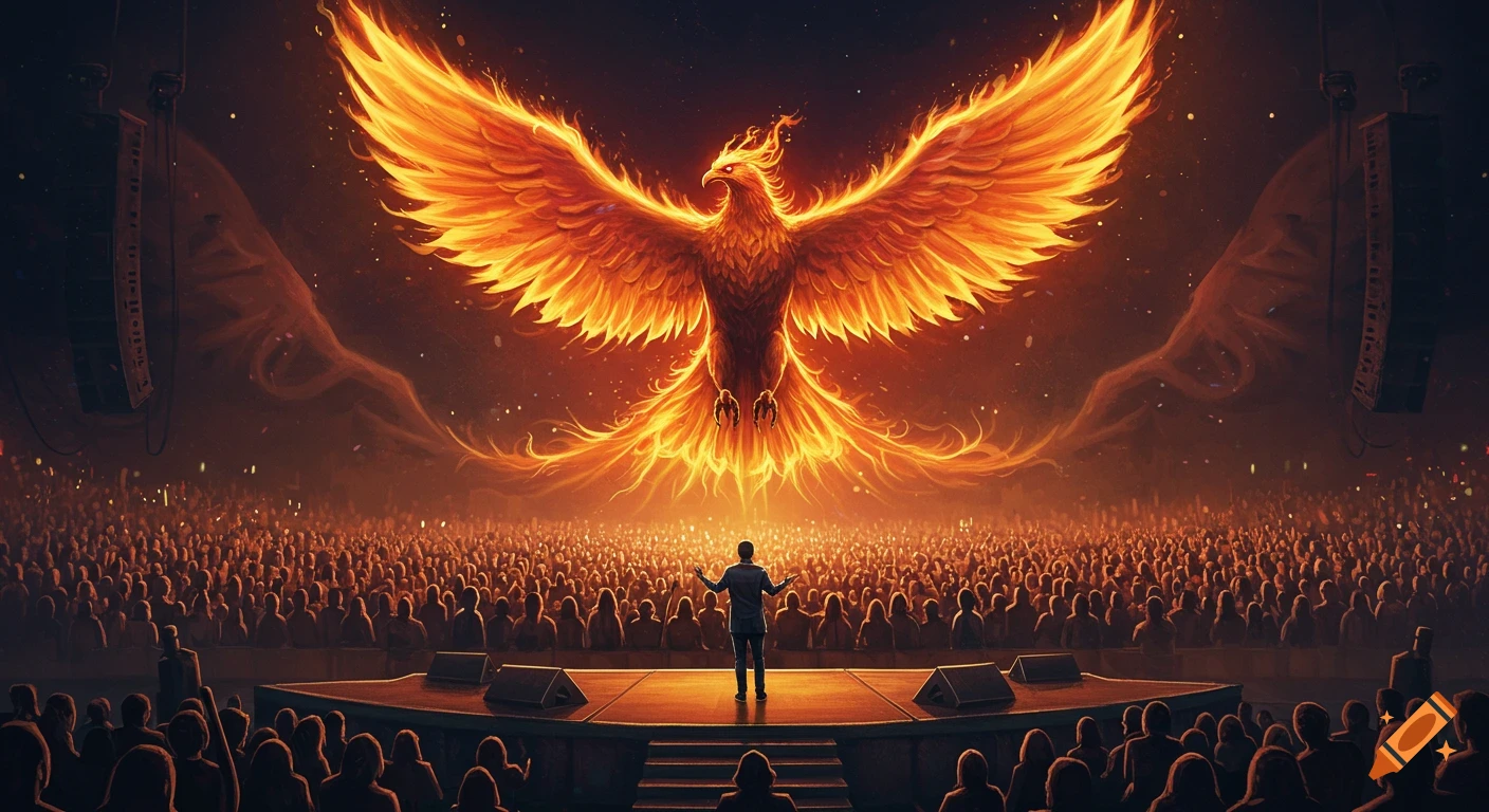 Fiery phoenix soaring above a speaker on stage in front of a massive ...