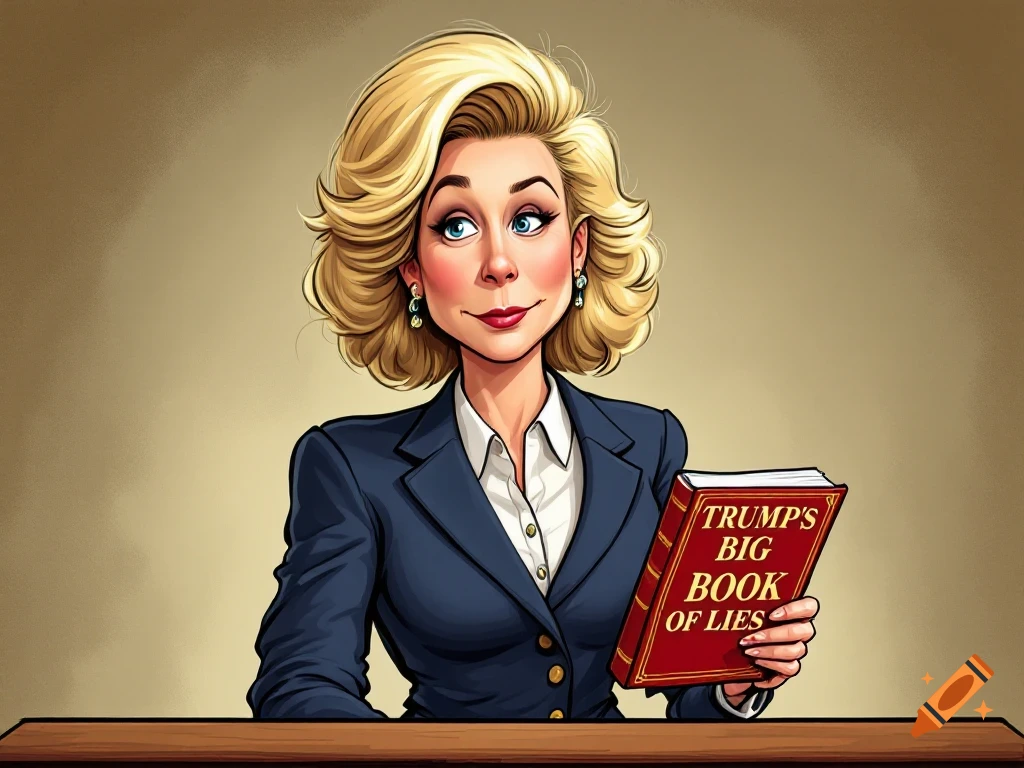Cartoon woman in a suit holding a book titled 'Trump's Big Book of Lies ...