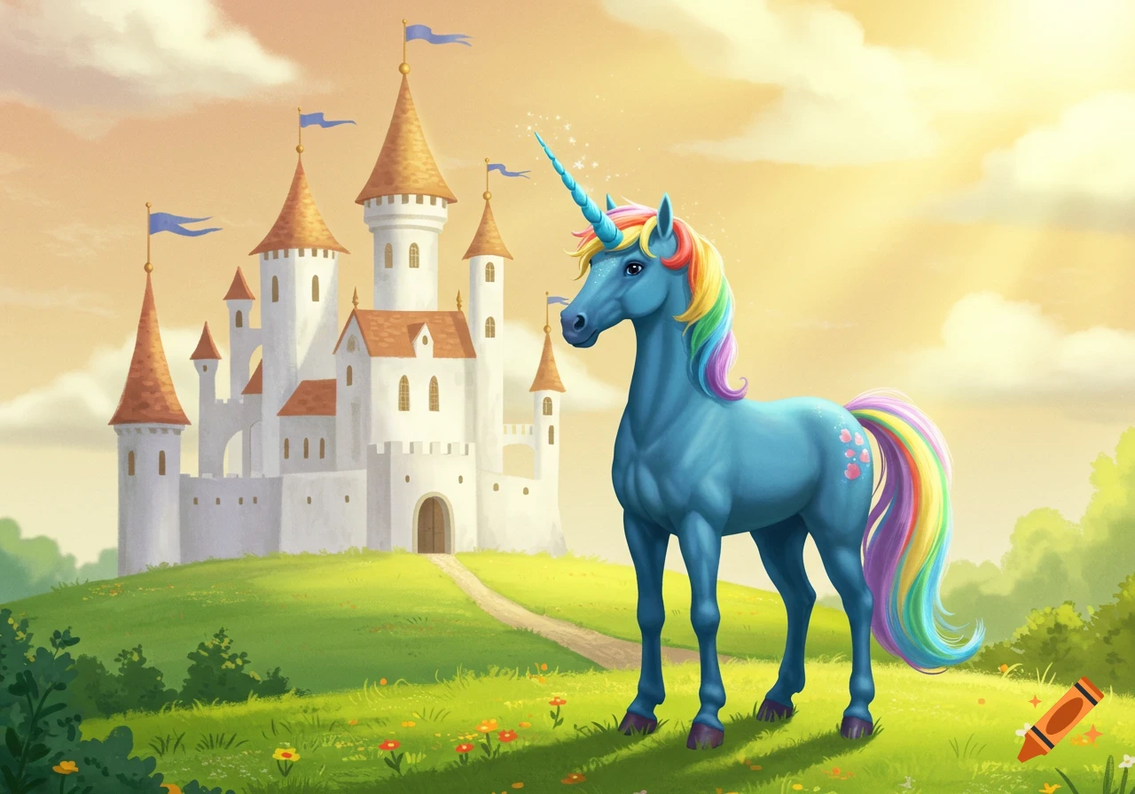 Illustration of a blue unicorn with a rainbow mane and tail standing in front of a white castle ...