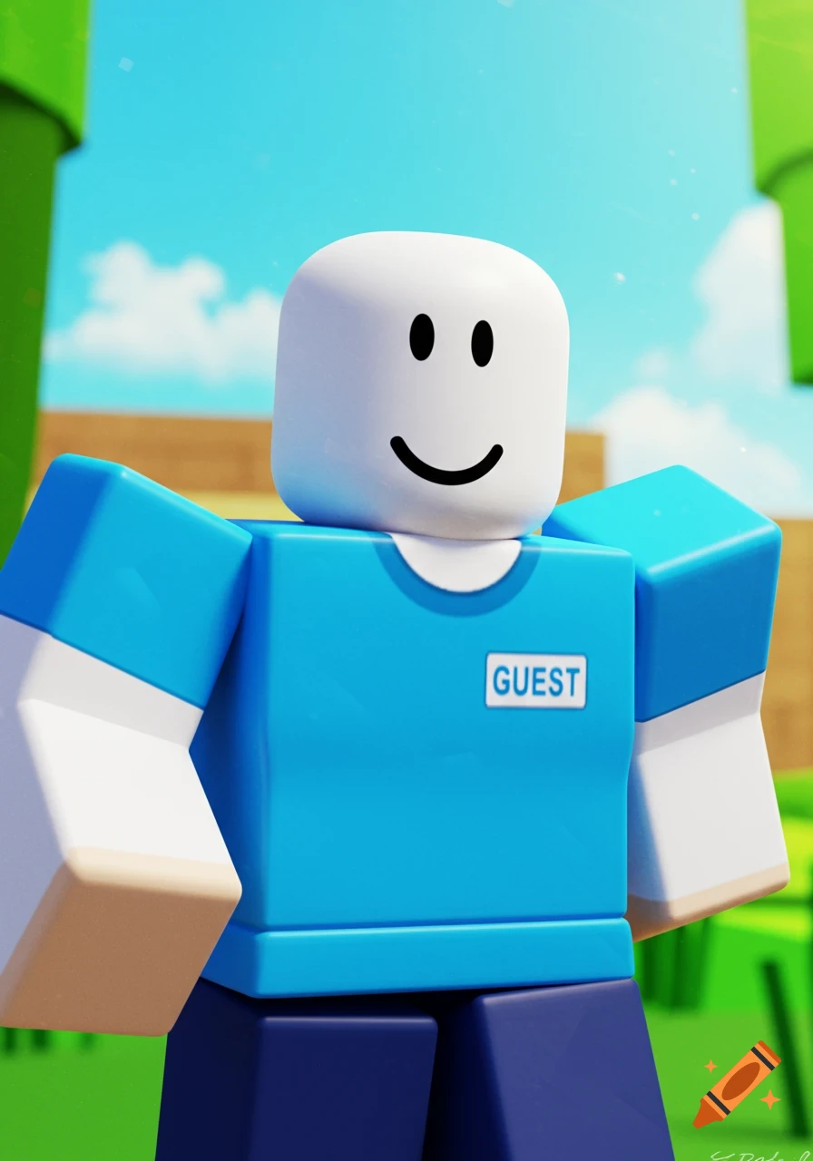 A blocky character from Roblox wearing a blue shirt with GUEST on it ...