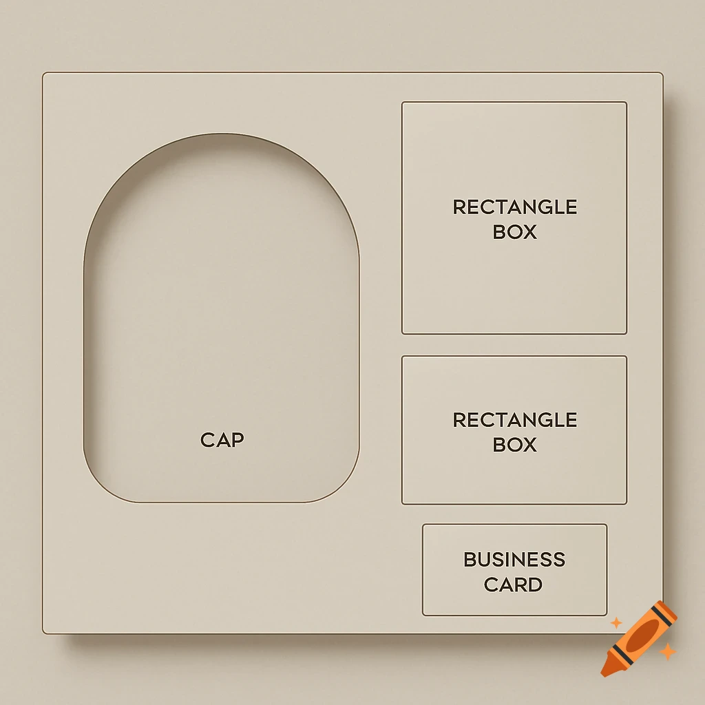 A cream gift box insert template with labeled compartments for a cap ...