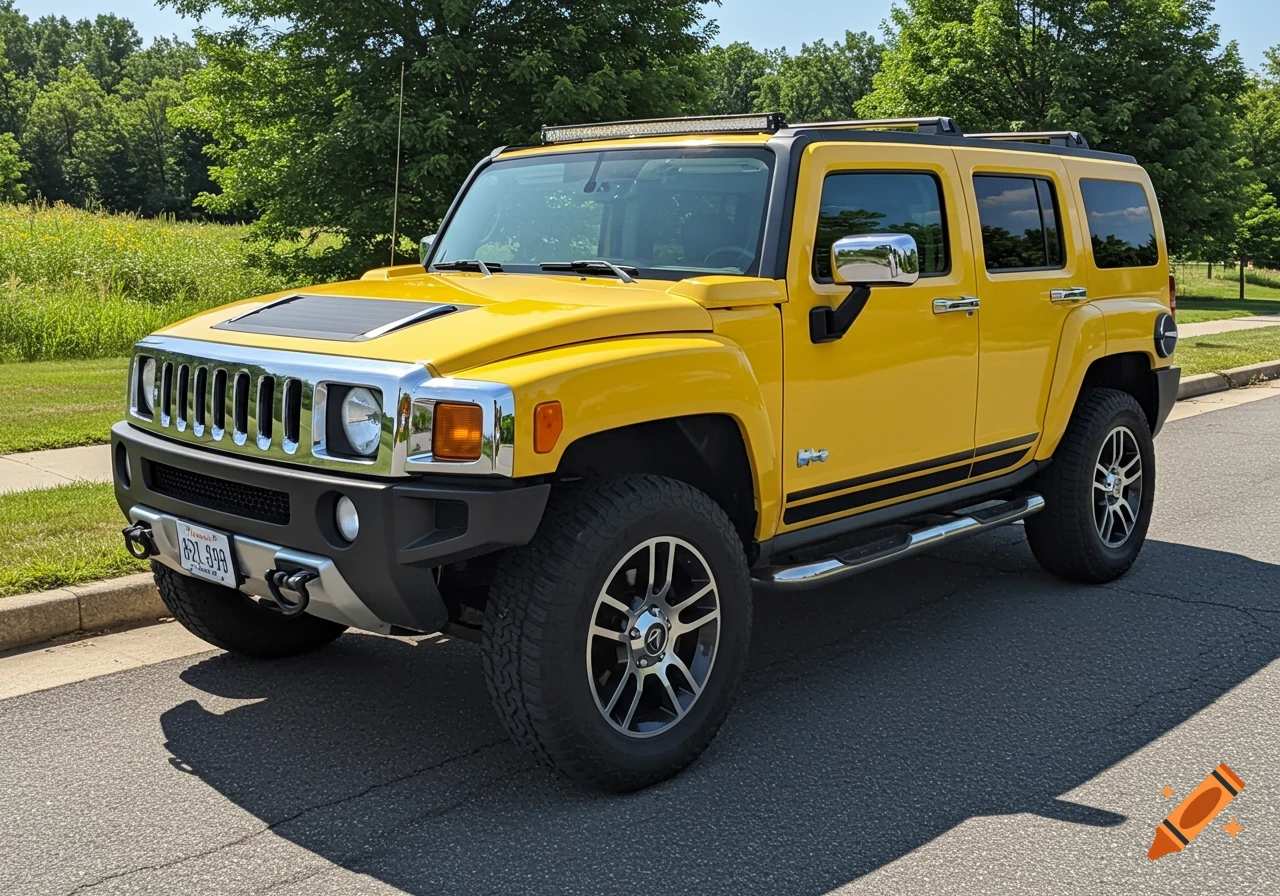 Yellow Hummer H3 with black stripes parked on a street. on Craiyon