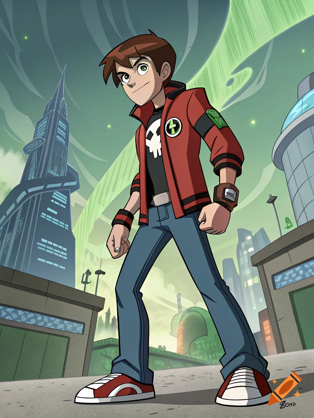 Cartoon illustration of Ben Tennyson standing in a futuristic city with ...