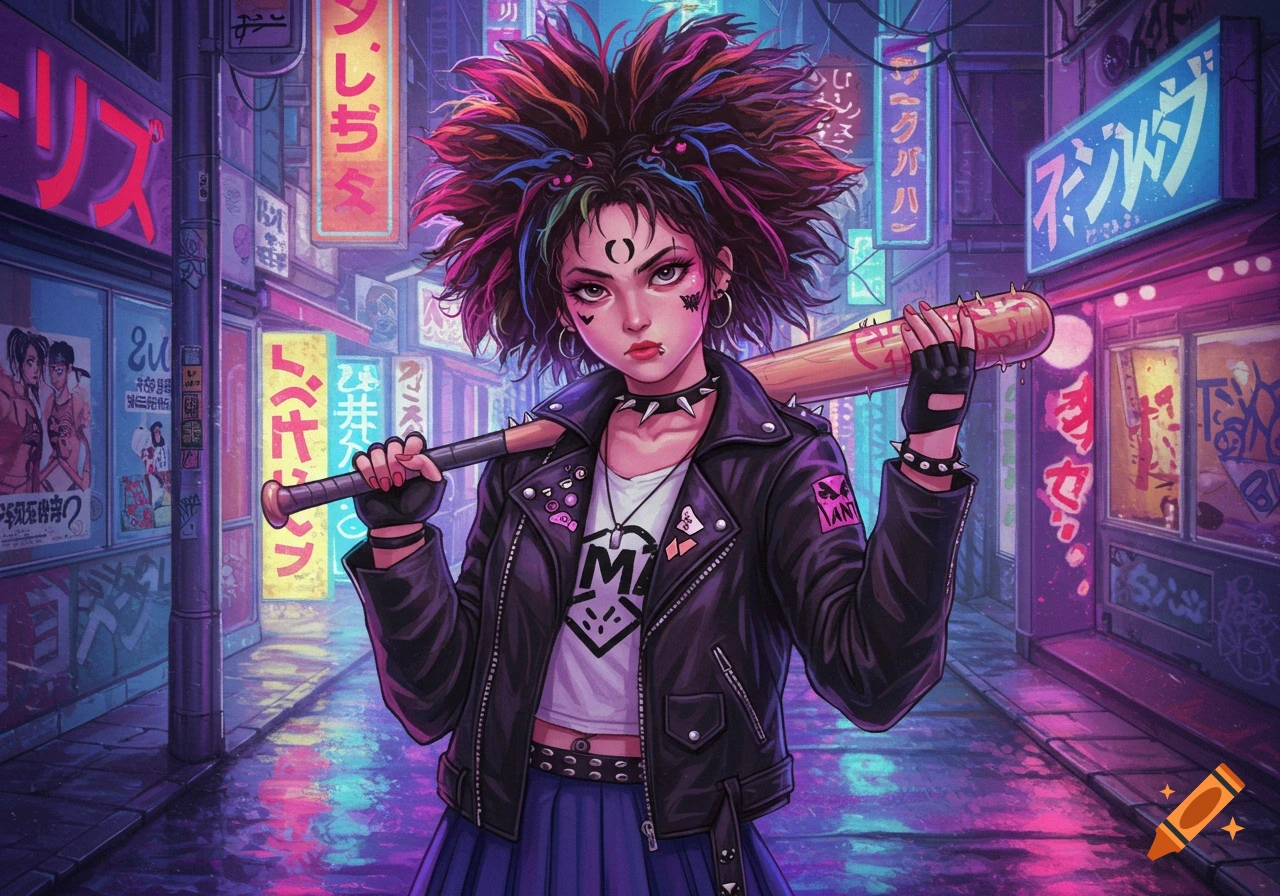 A punk girl with a baseball bat stands in a neon-lit cyberpunk street ...