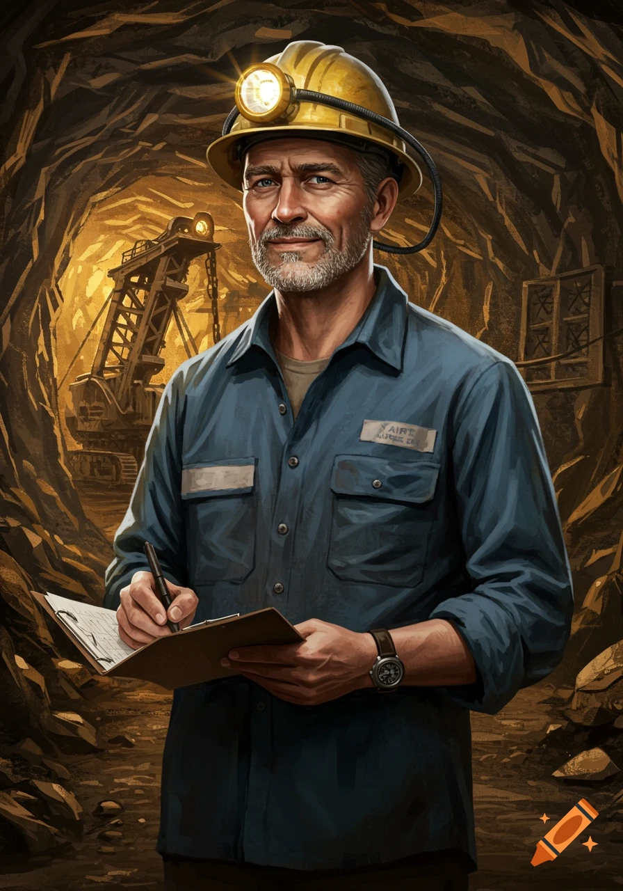 A mining engineer in a dark mine, wearing a hard hat and writing on a ...