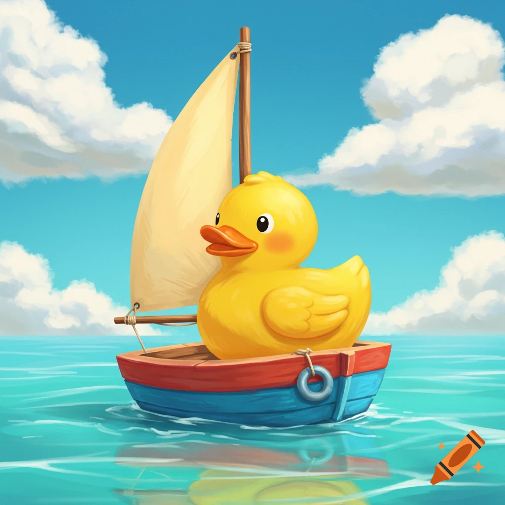 A cartoon rubber duck floats in a small boat on the water under a ...