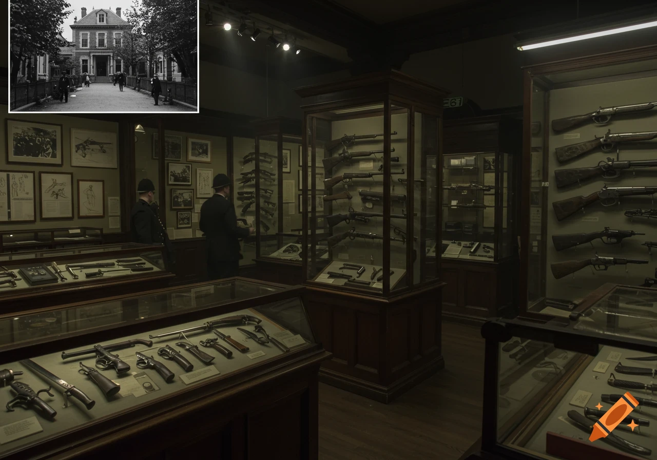A dark museum interior with display cases full of historical rifles and ...