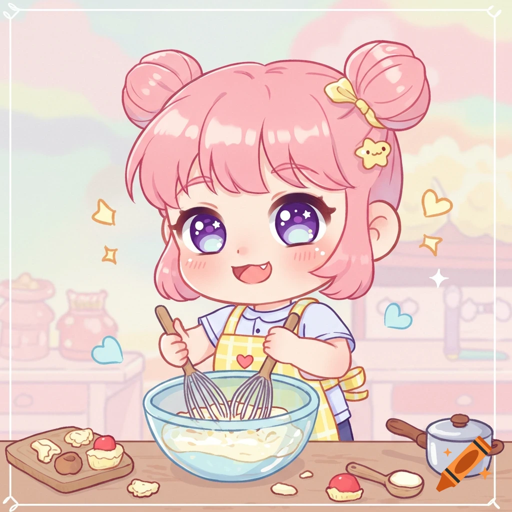Cute chibi anime girl mixing ingredients in a bowl, baking on Craiyon