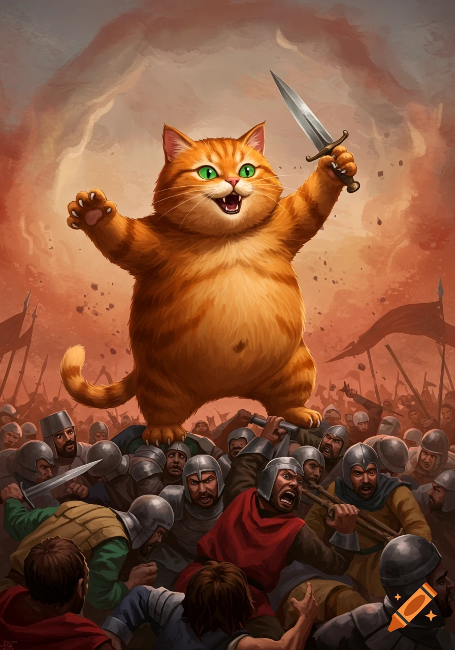 Giant orange cat warrior with a sword stands on soldiers during battle ...