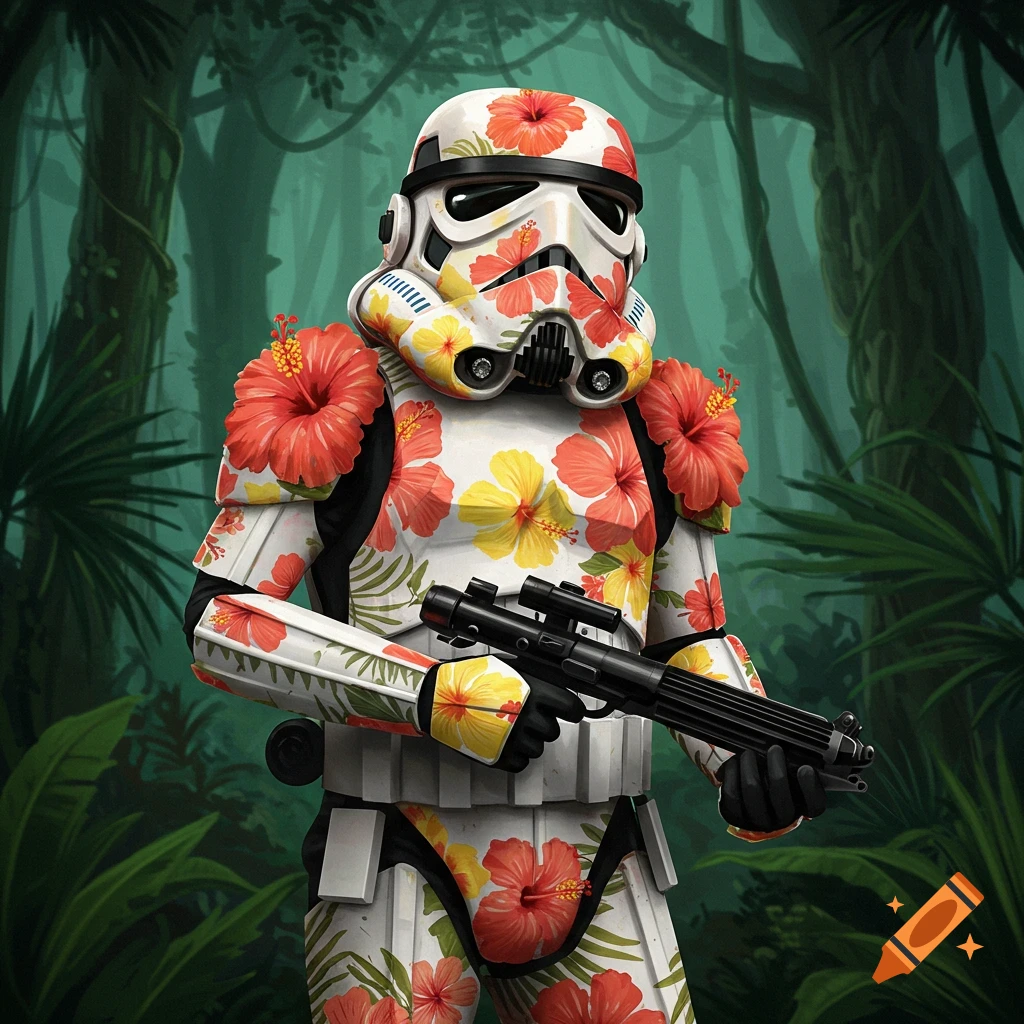 A Stormtrooper in armor decorated with a hibiscus flower pattern stands ...