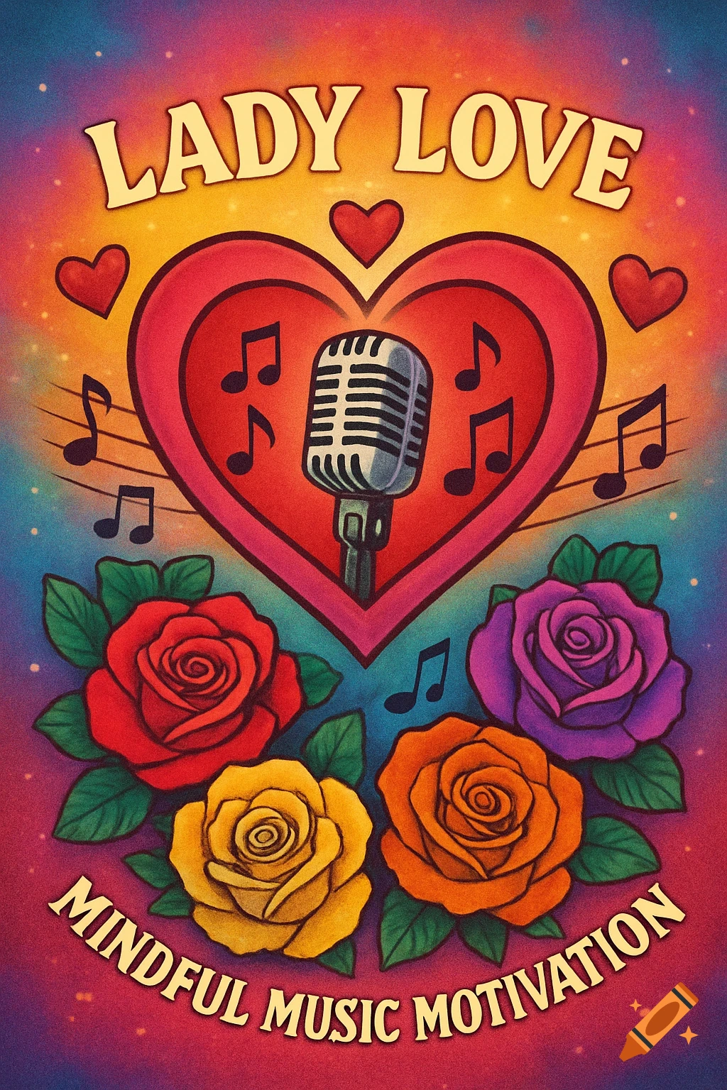 Colorful poster with a heart containing a vintage microphone and music ...