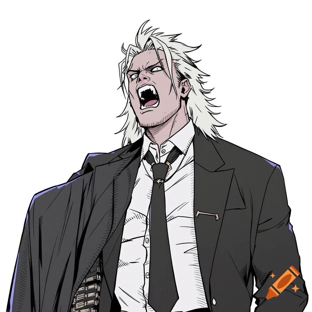 Stylized illustration of a man with fangs in a suit on Craiyon