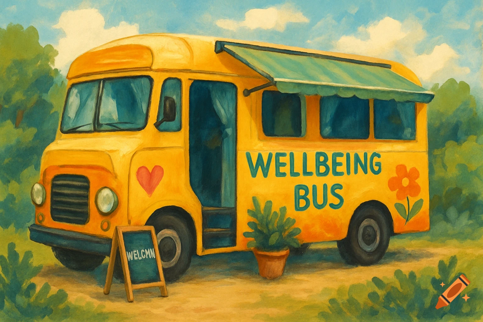 Yellow 'WELLBEING BUS' vehicle painted in an illustration style. on Craiyon