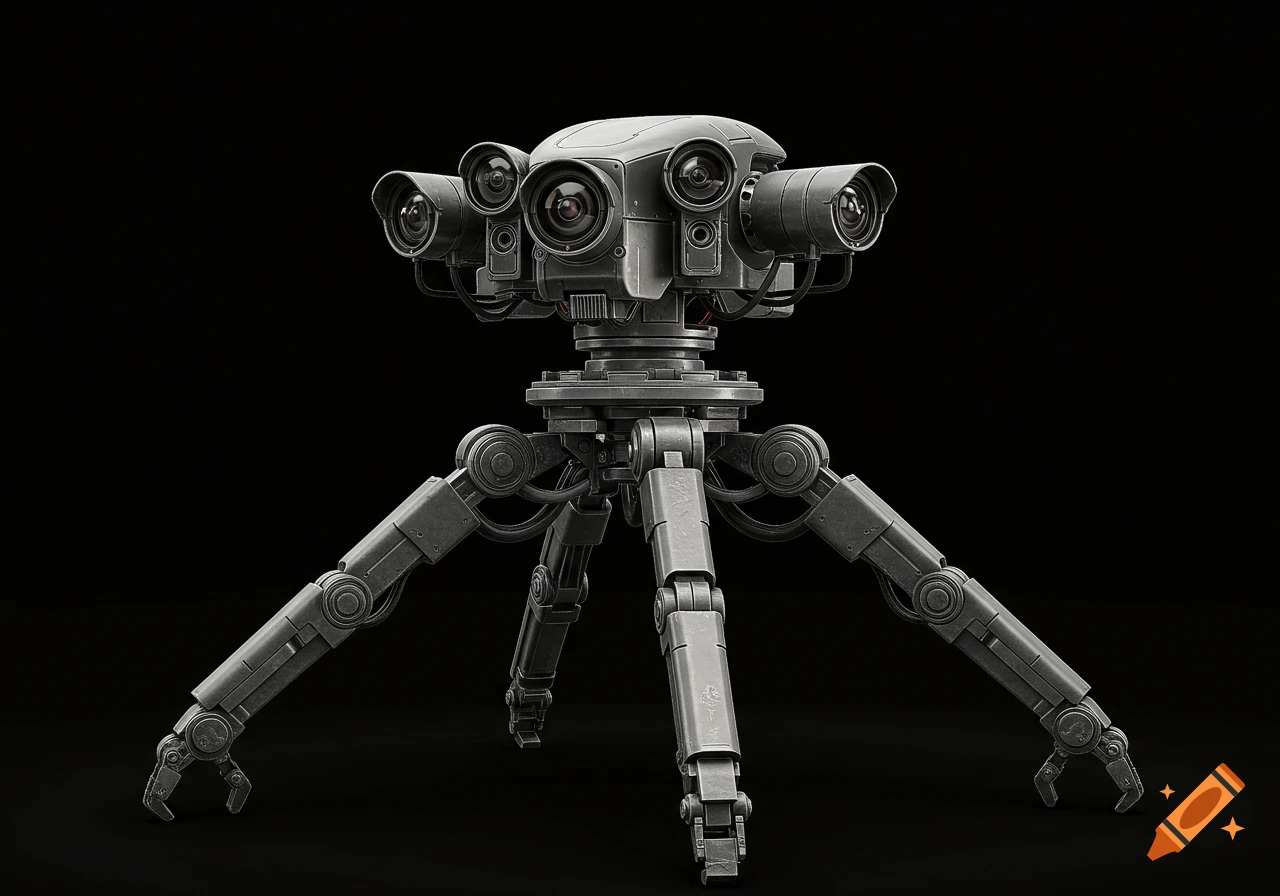 A robotic tripod with multiple cameras and grasping arms on a black ...