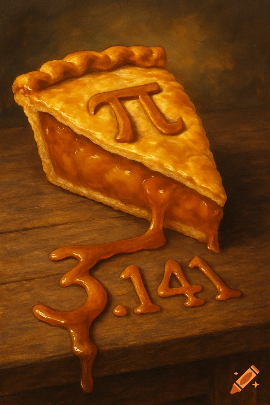 A slice of pie with the Pi symbol on top and pie juice spelling out 3. ...
