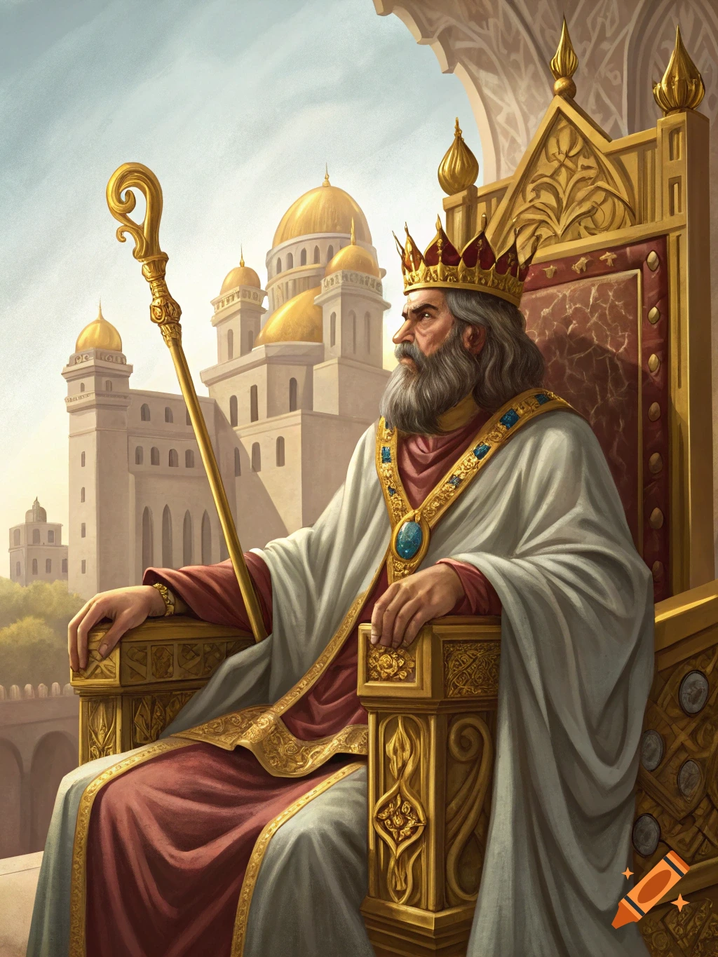 A bearded king with a crown and staff sits on a golden throne before a ...