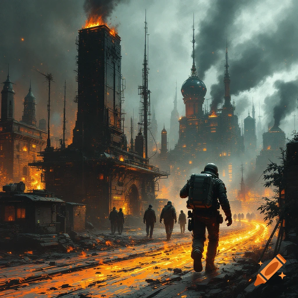 People walk through a burning, ruined dystopian city street. on Craiyon