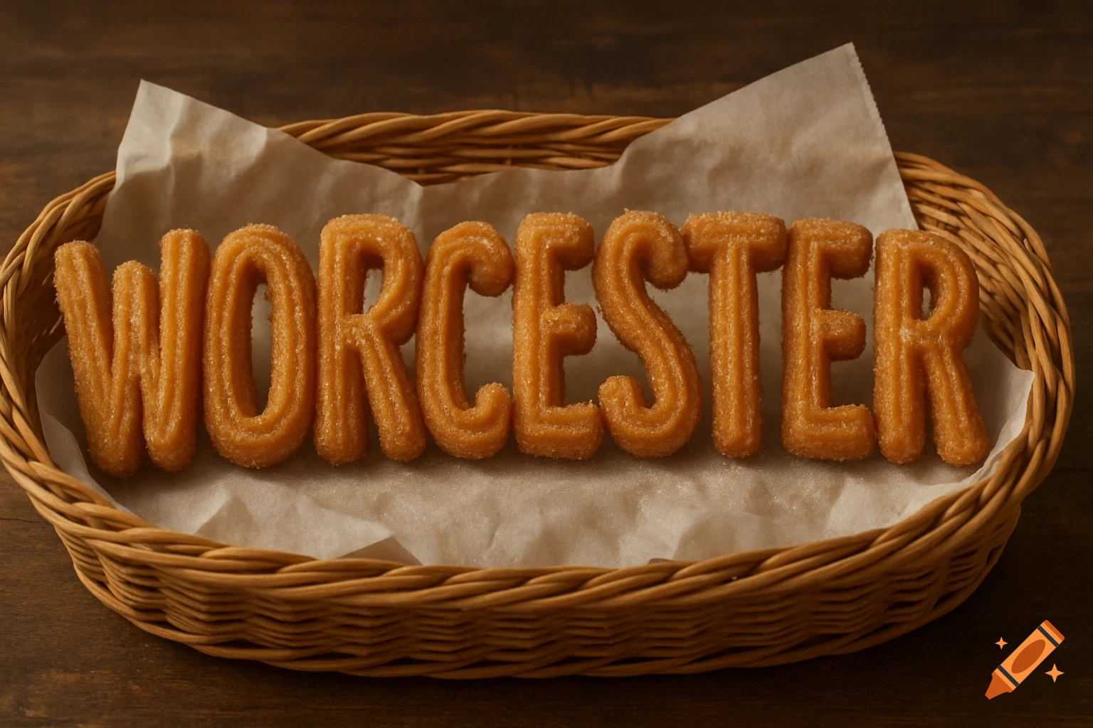 Churros shaped like the word WORCESTER in a basket on Craiyon