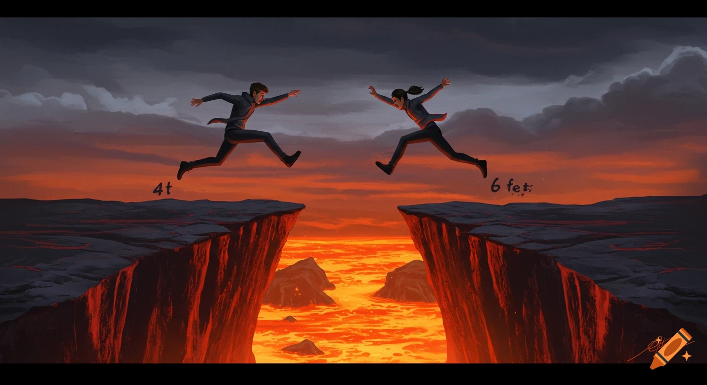 Two people jump across a wide chasm filled with lava under a dark sky ...