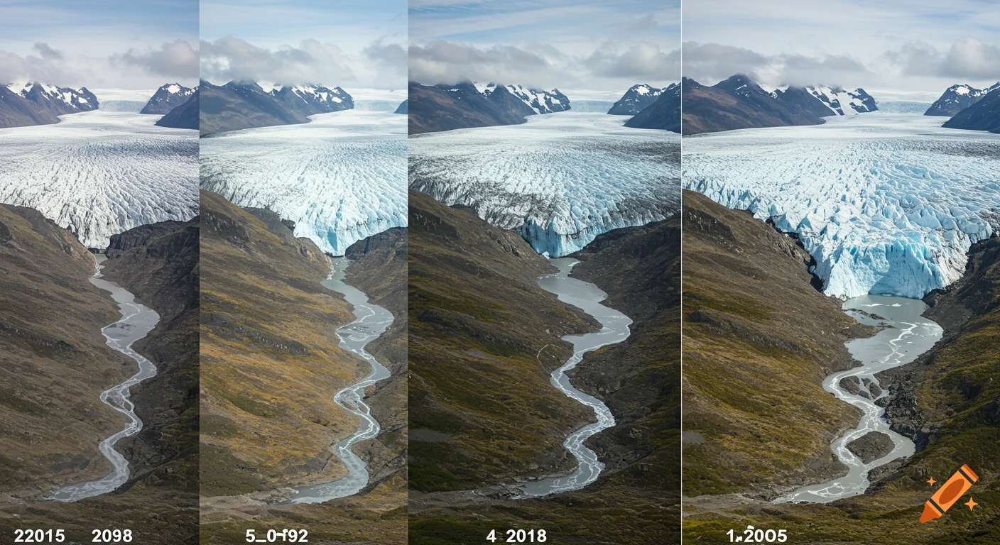 Four panel image shows a glacier receding over time in a mountain ...