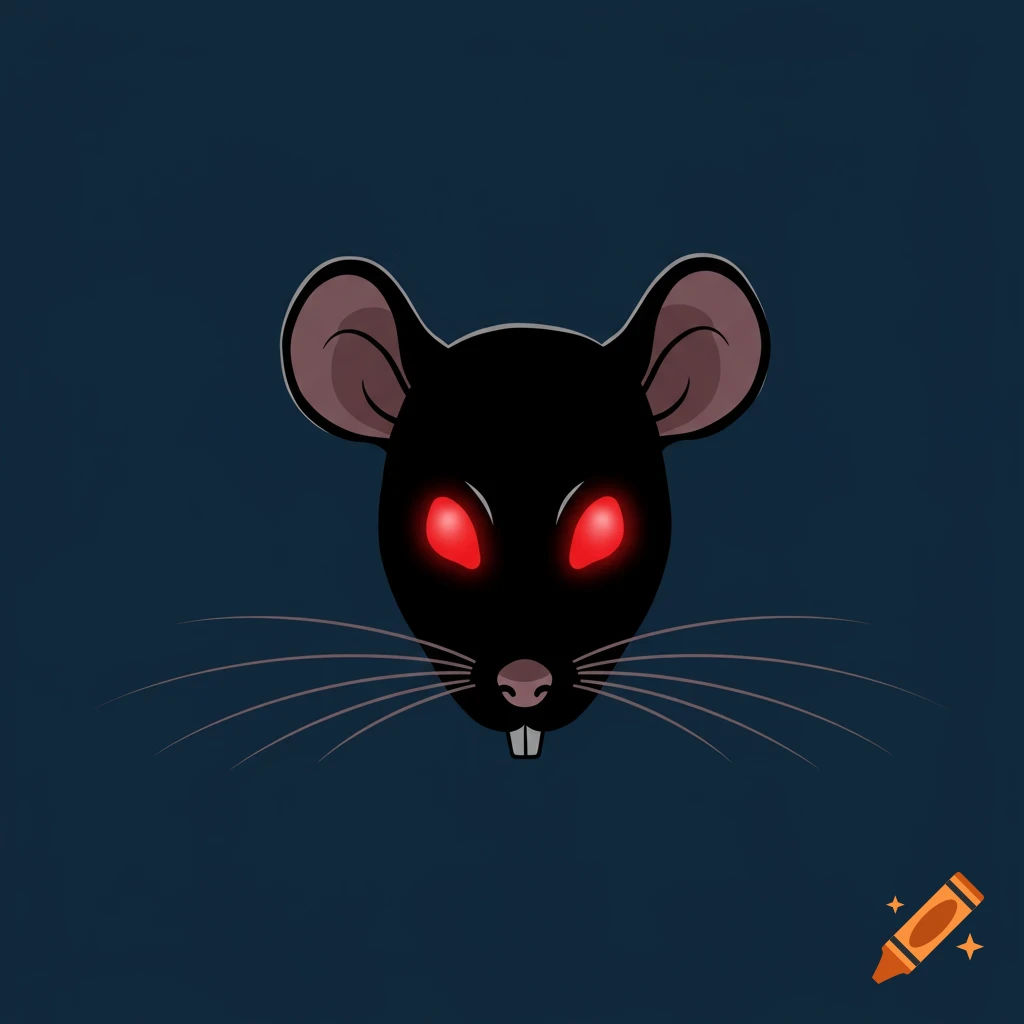 A simple cartoon drawing of a black rat's head with red glowing eyes ...