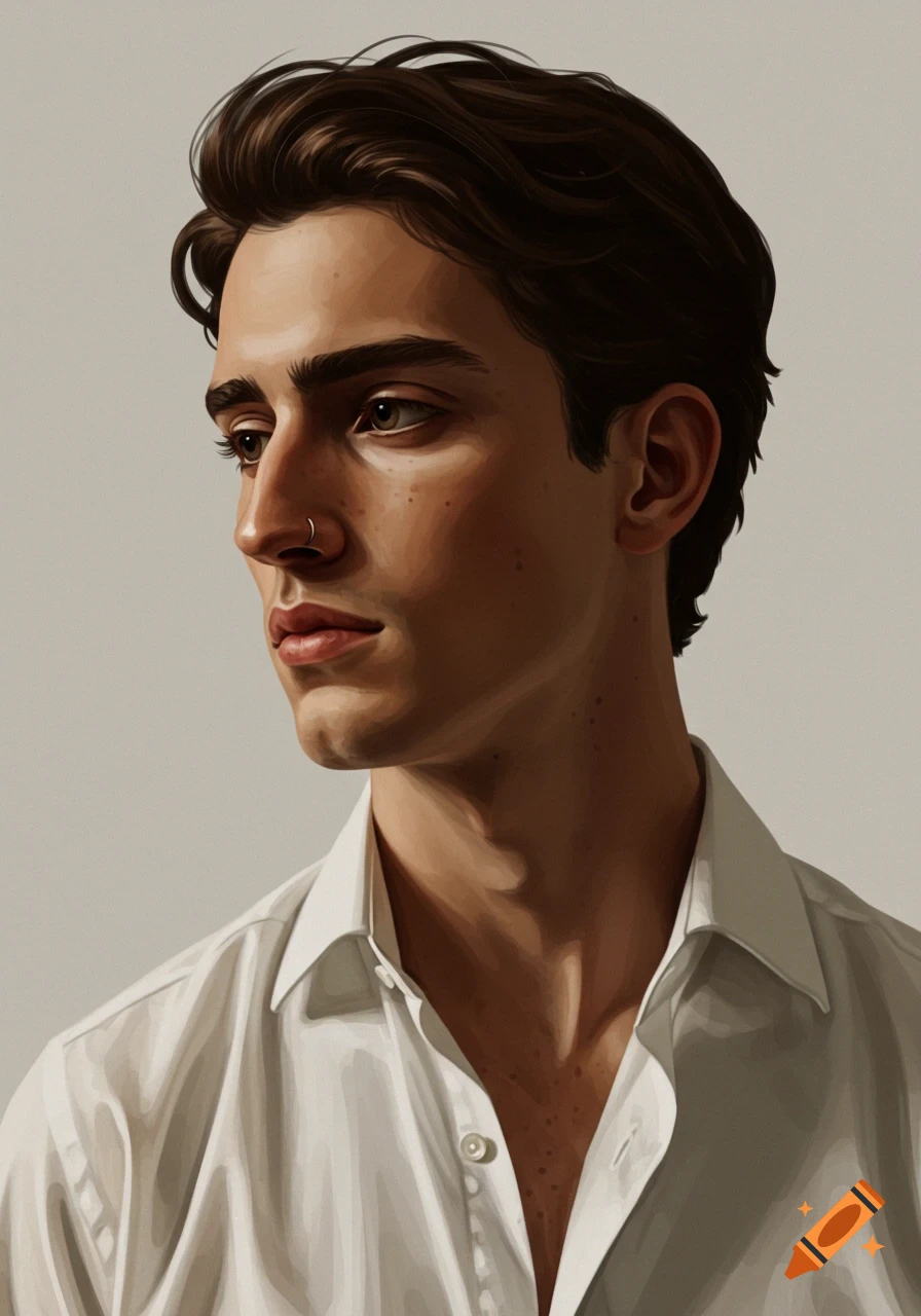 Close-up portrait of a young man with brown hair, wearing a white ...