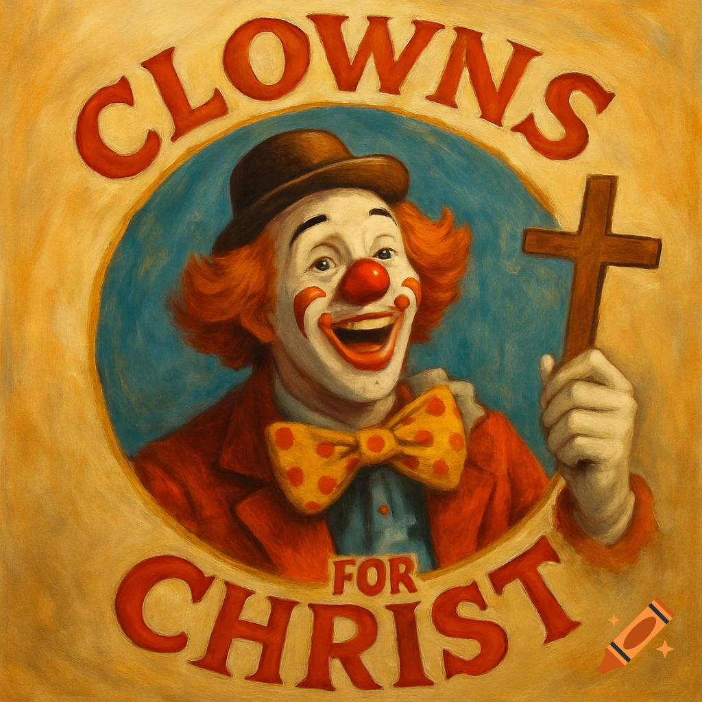 Painting of a happy clown holding a cross, with the text 'CLOWNS FOR ...