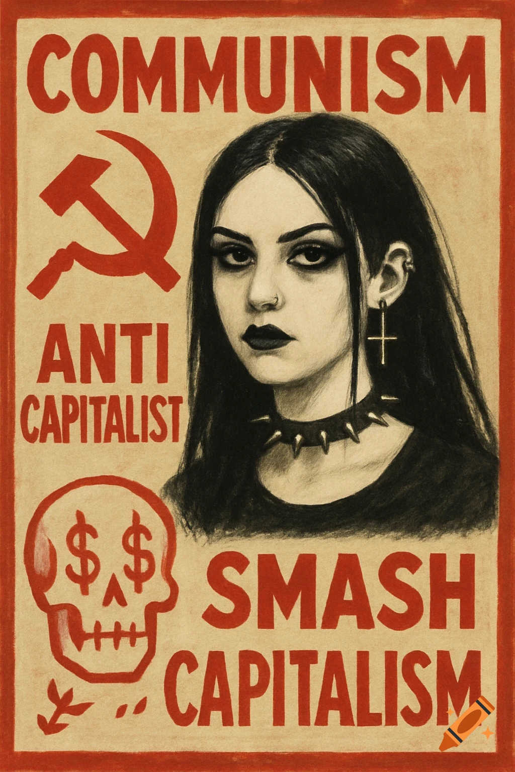 Drawing of a goth girl on a political poster with communist symbols and ...