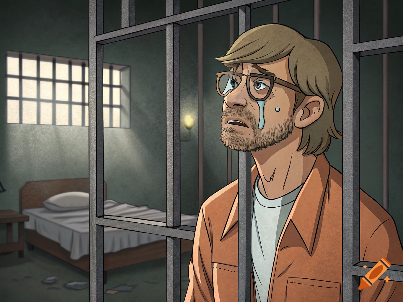 A cartoon man resembling Jeffrey Dahmer cries behind prison bars in a ...