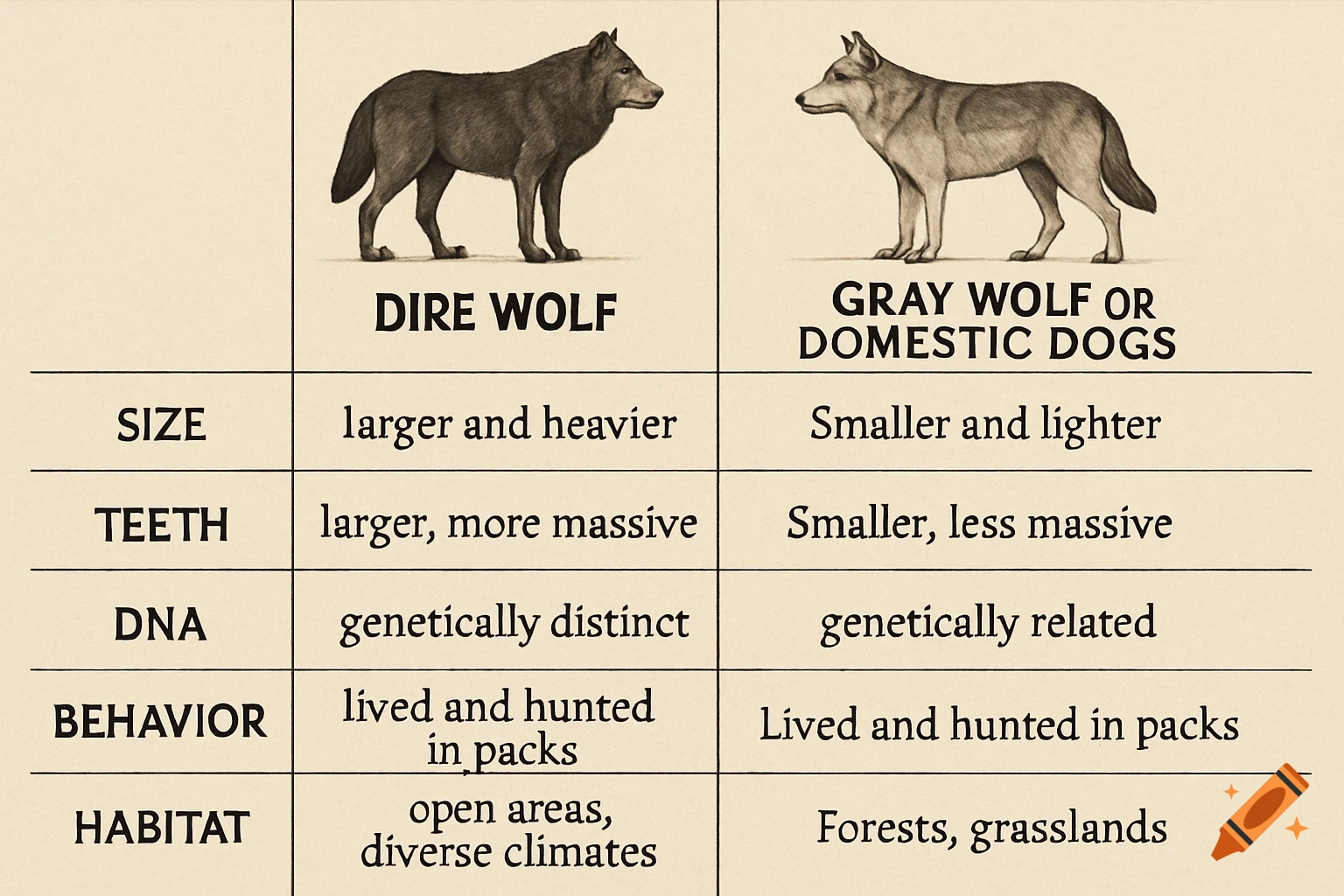Illustration comparing dire wolves and gray wolves or domestic dogs in ...
